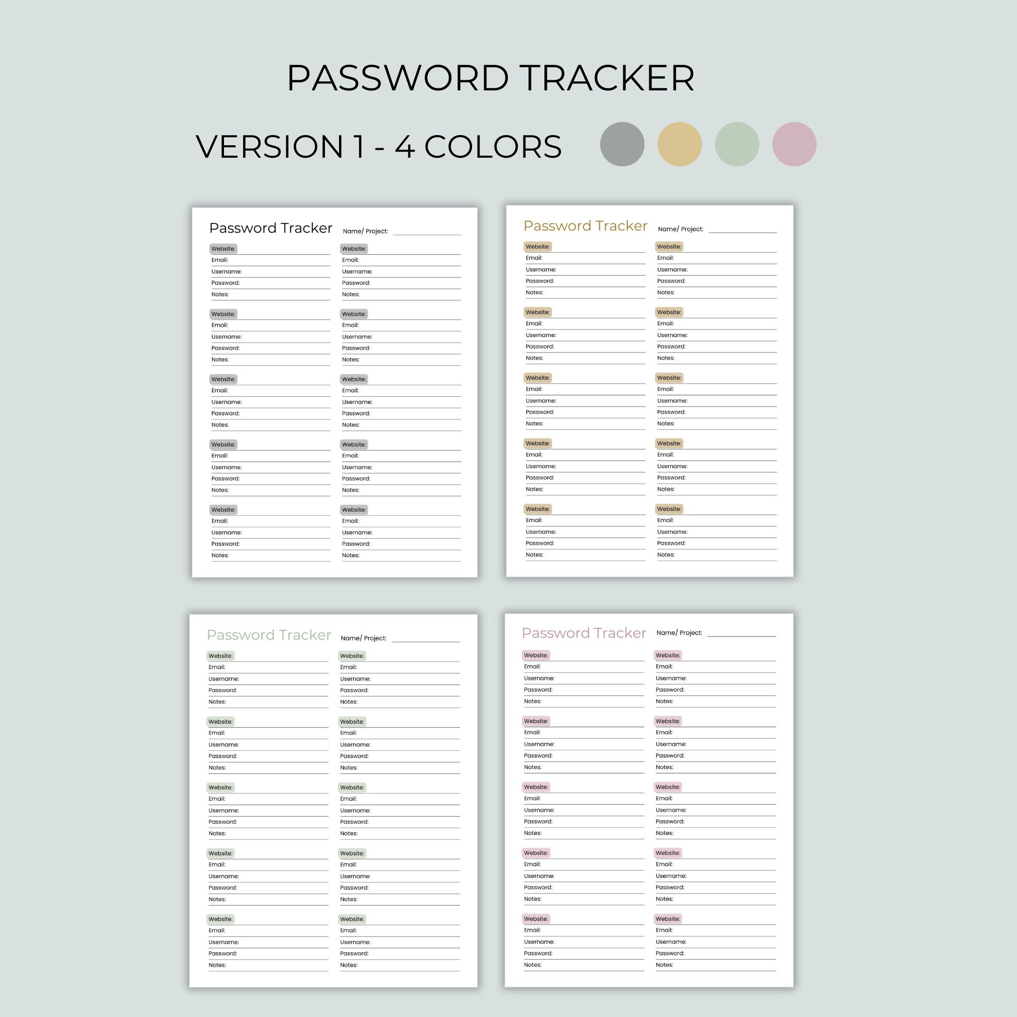 Printable Password Tracker, Digital Password Organizer in 4 Colors, PDF ...