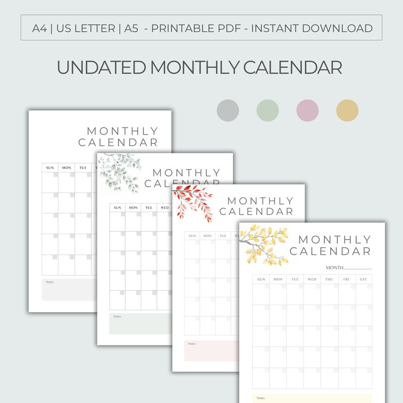 Printable Monthly Calendar, Blank Undated Calendar Template, Instant ...