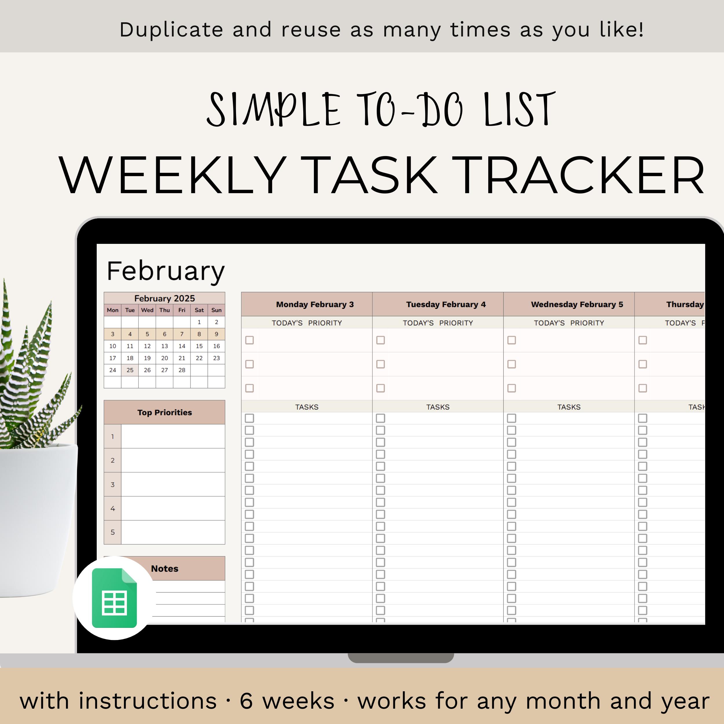 Simple Task Tracker, Weekly Planner Google Sheets, Minimalist To-do ...