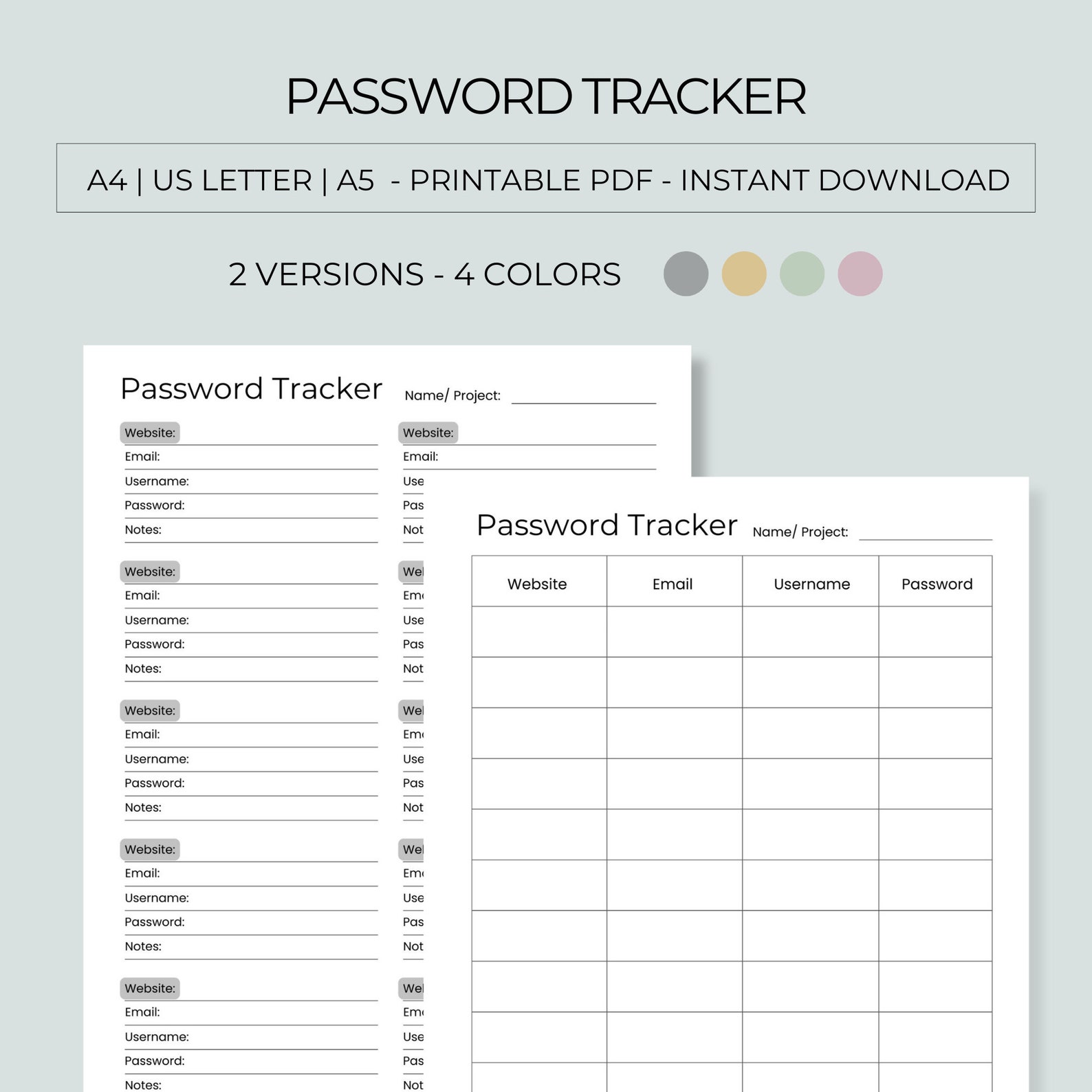 Printable Password Tracker, Digital Password Organizer in 4 Colors, PDF ...