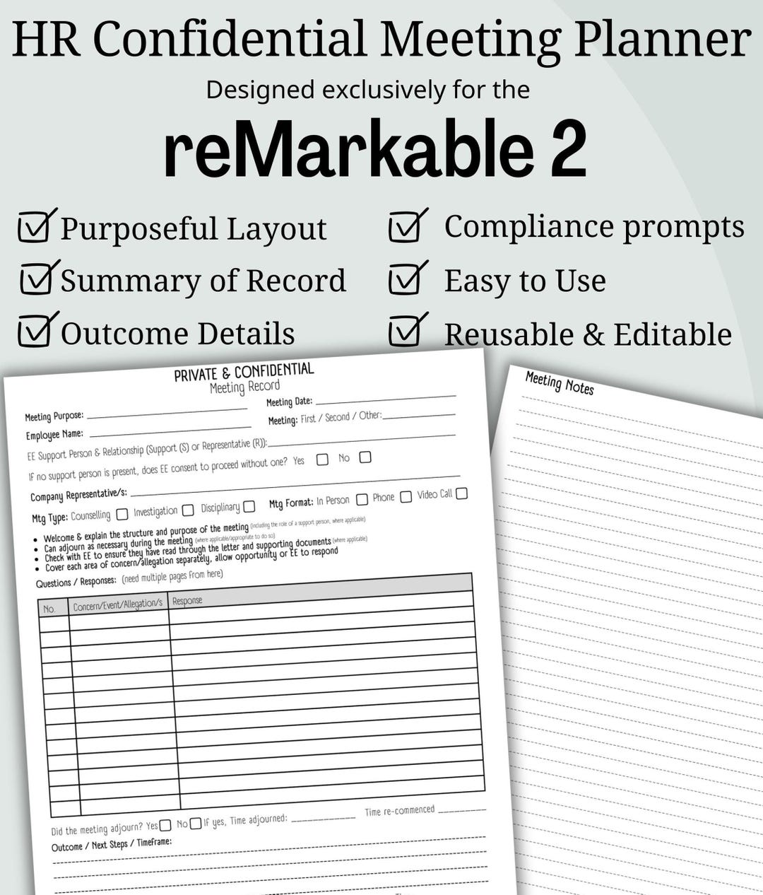 HR Confidential Meeting Template for Remarkable Tablet | Digital ...