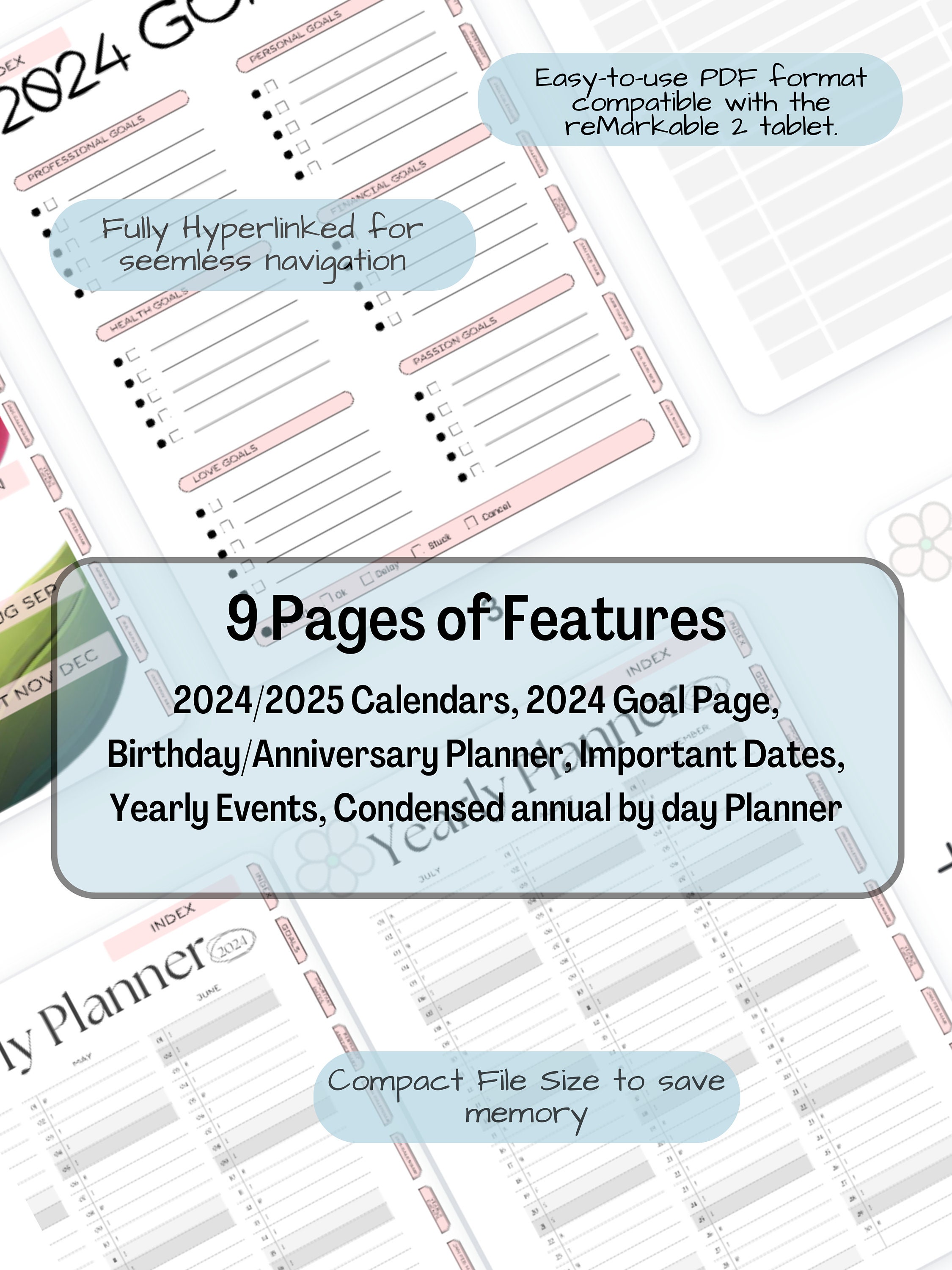 Remarkable 2 Yearly Digital Planner for 2024 2025 Hyperlinked, Compact ...