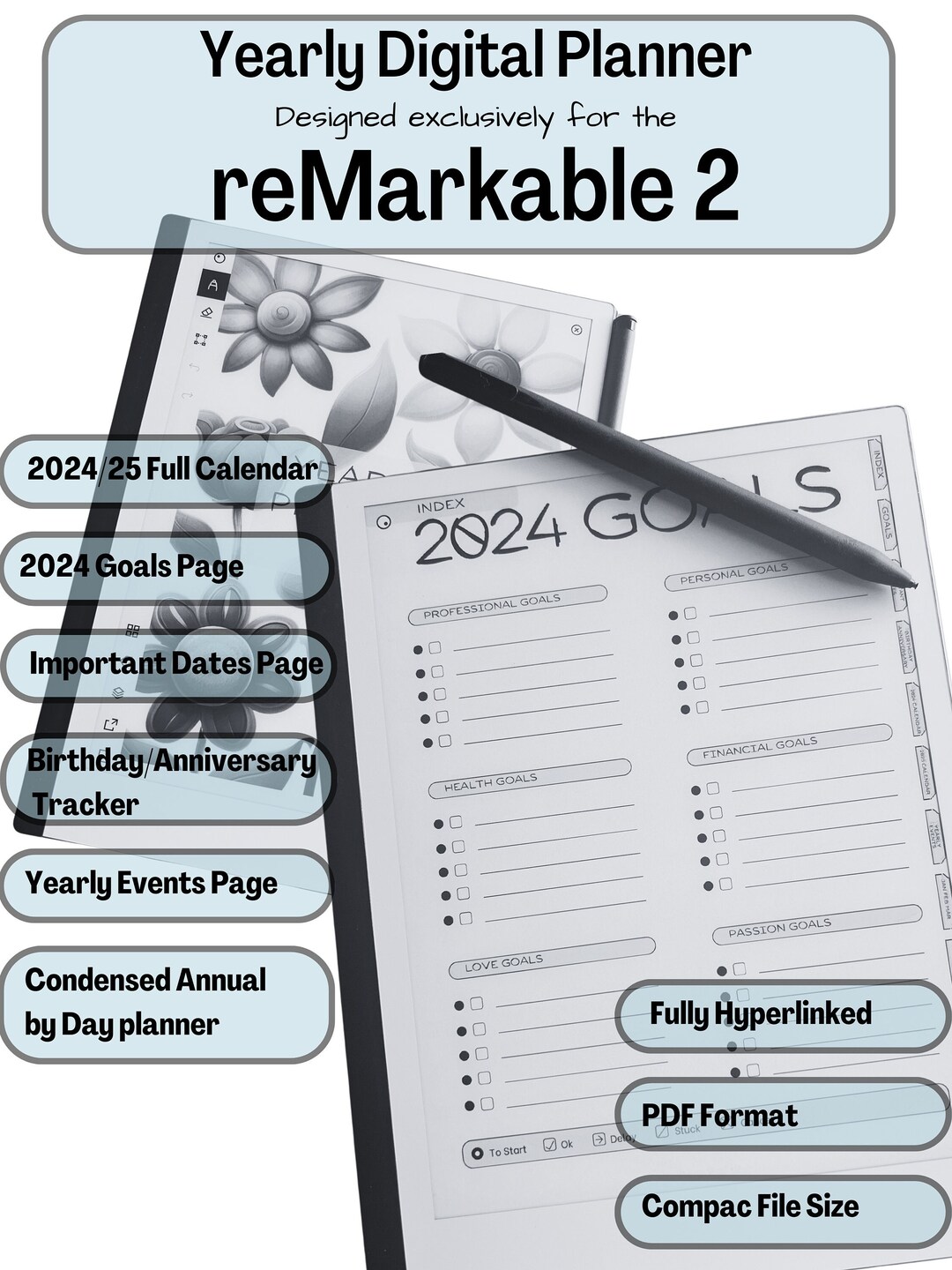 Remarkable 2 Yearly Digital Planner for 2024 - 2025 - Hyperlinked ...
