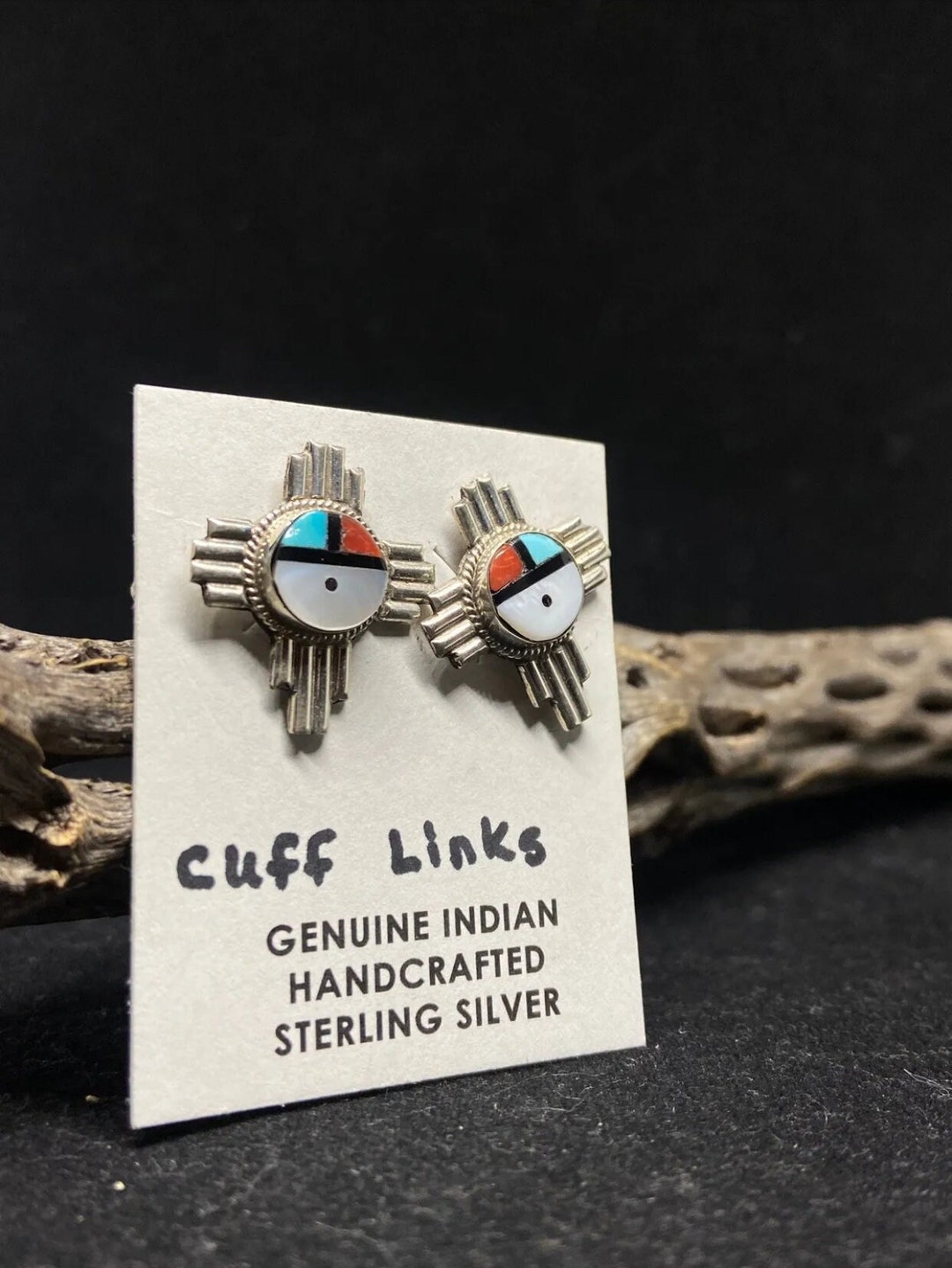 Handmade Zuni Inlay Zia Sun Face Turquoise & Coral Sterling Silver Cuff ...