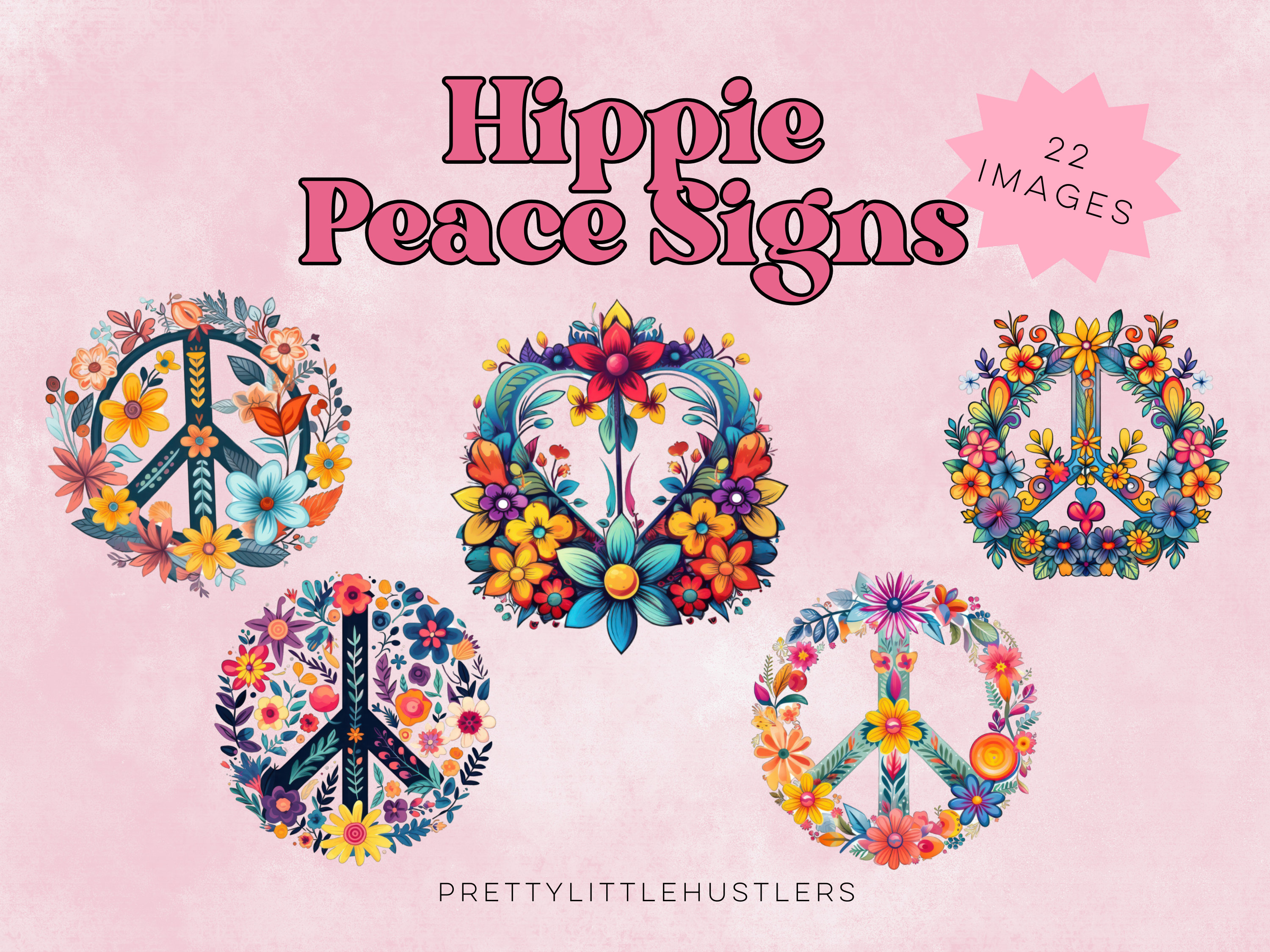 Hippie Peace Sign Clipart Set - Bright Floral Peace Symbols, Retro 60s ...