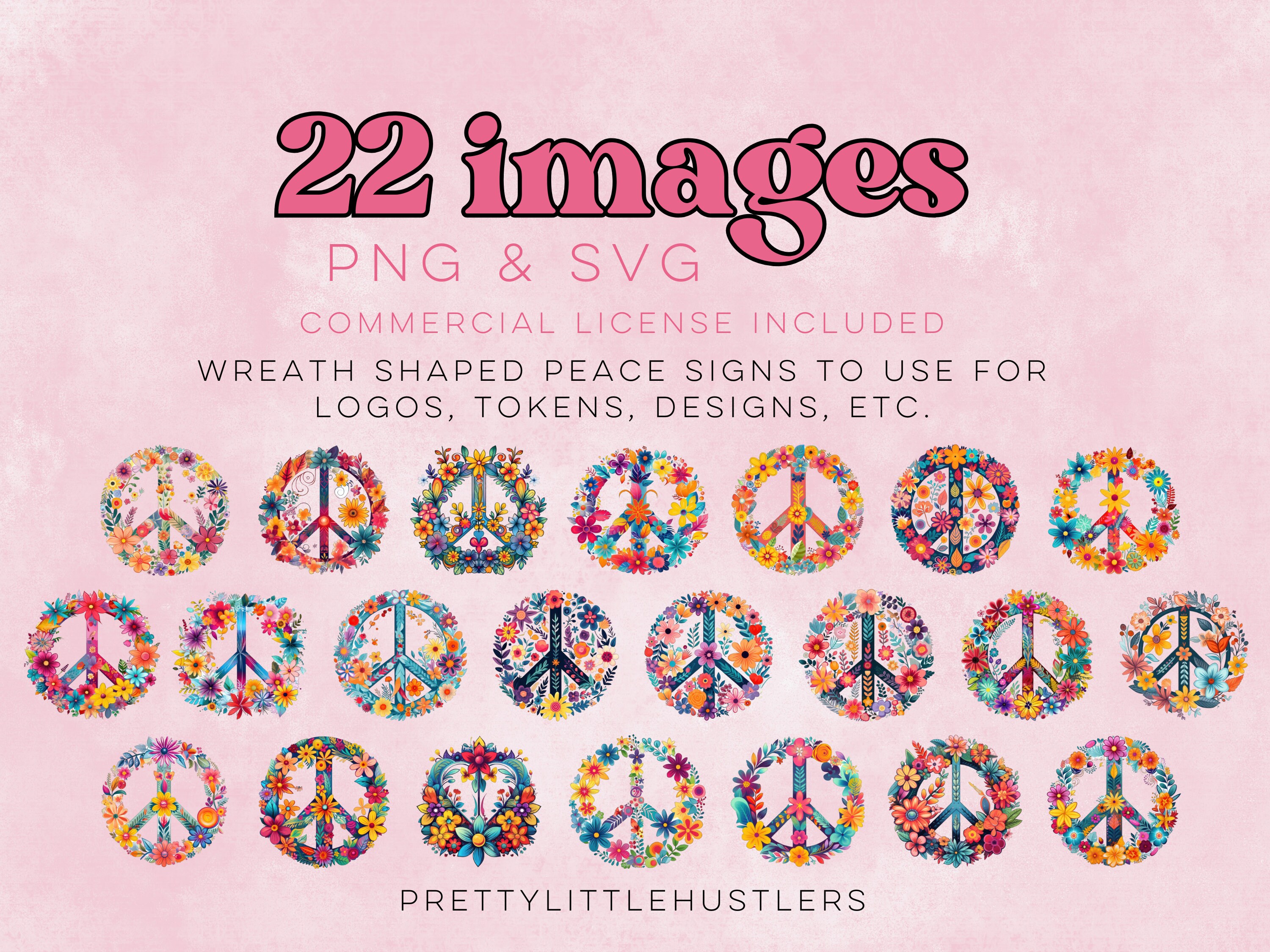 Hippie Peace Sign Clipart Set - Bright Floral Peace Symbols, Retro 60s ...