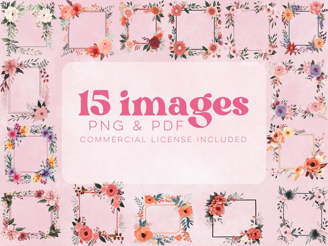 Rectangular Floral Frames Clip Art - Digital Download, Elegant Flower ...