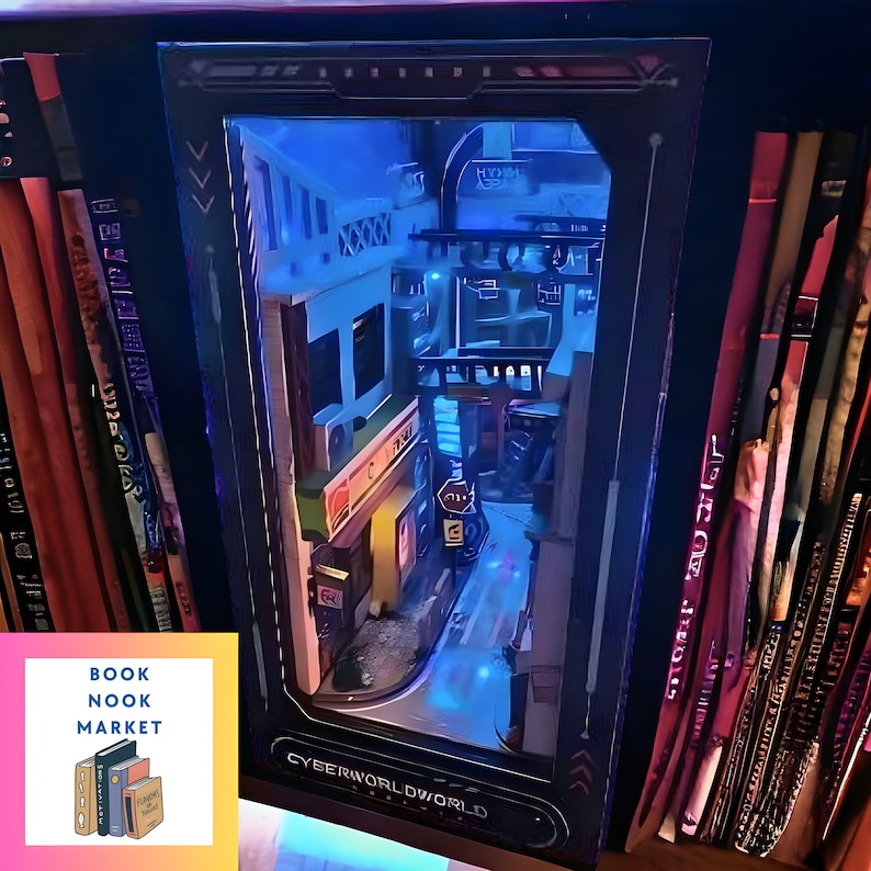 Cyberpunk Book Nook Bookshelf Insert DIY LED Light up Blue Book Nook 3D ...