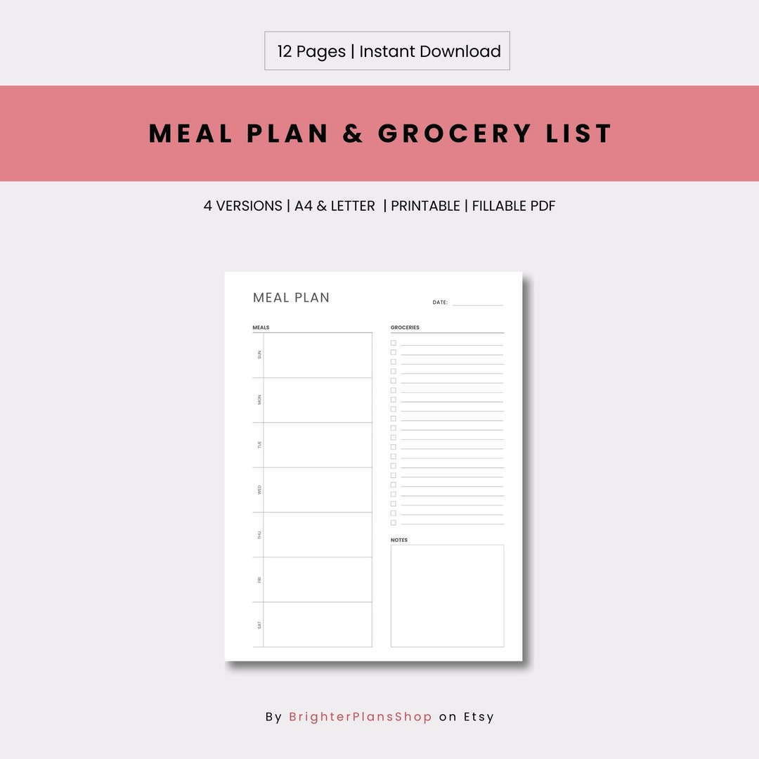 Weekly Meal Plan Pages Downloadable Printable Fillable A4 and Letter ...
