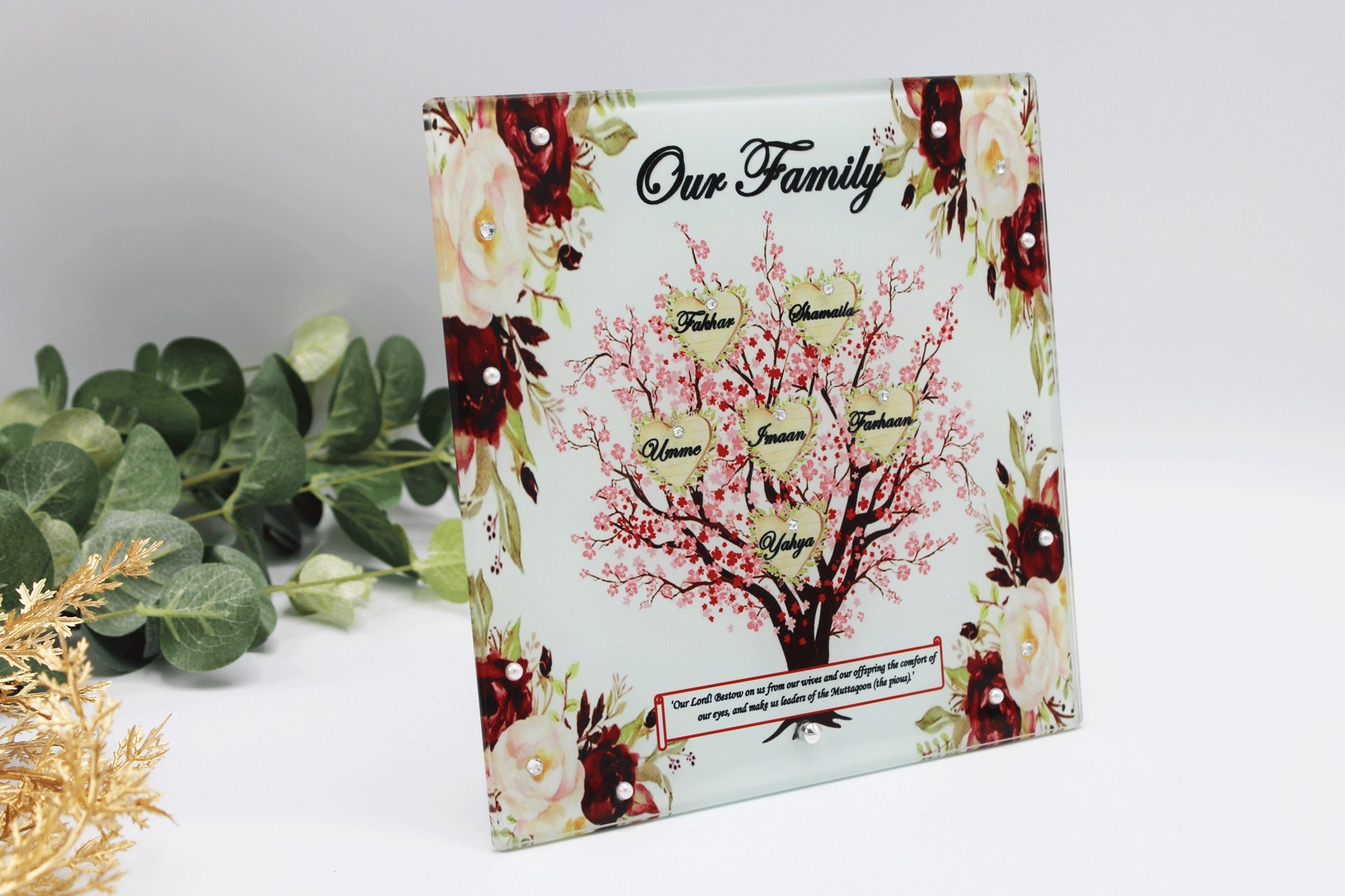 Personalised Family Tree Glass Frame With Heart Names, Islamic Family ...