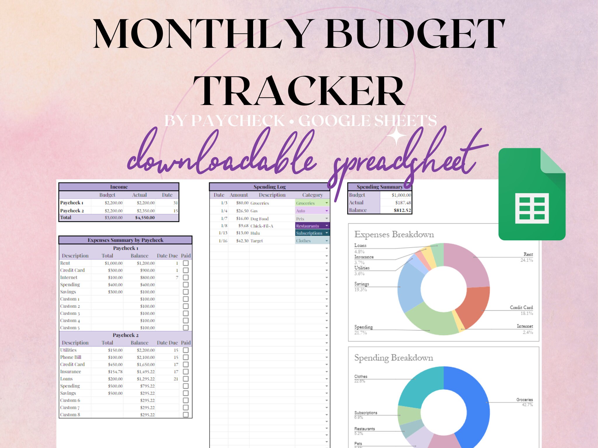 Monthly Budget by Paycheck Financial Tracker | Google Sheets ...
