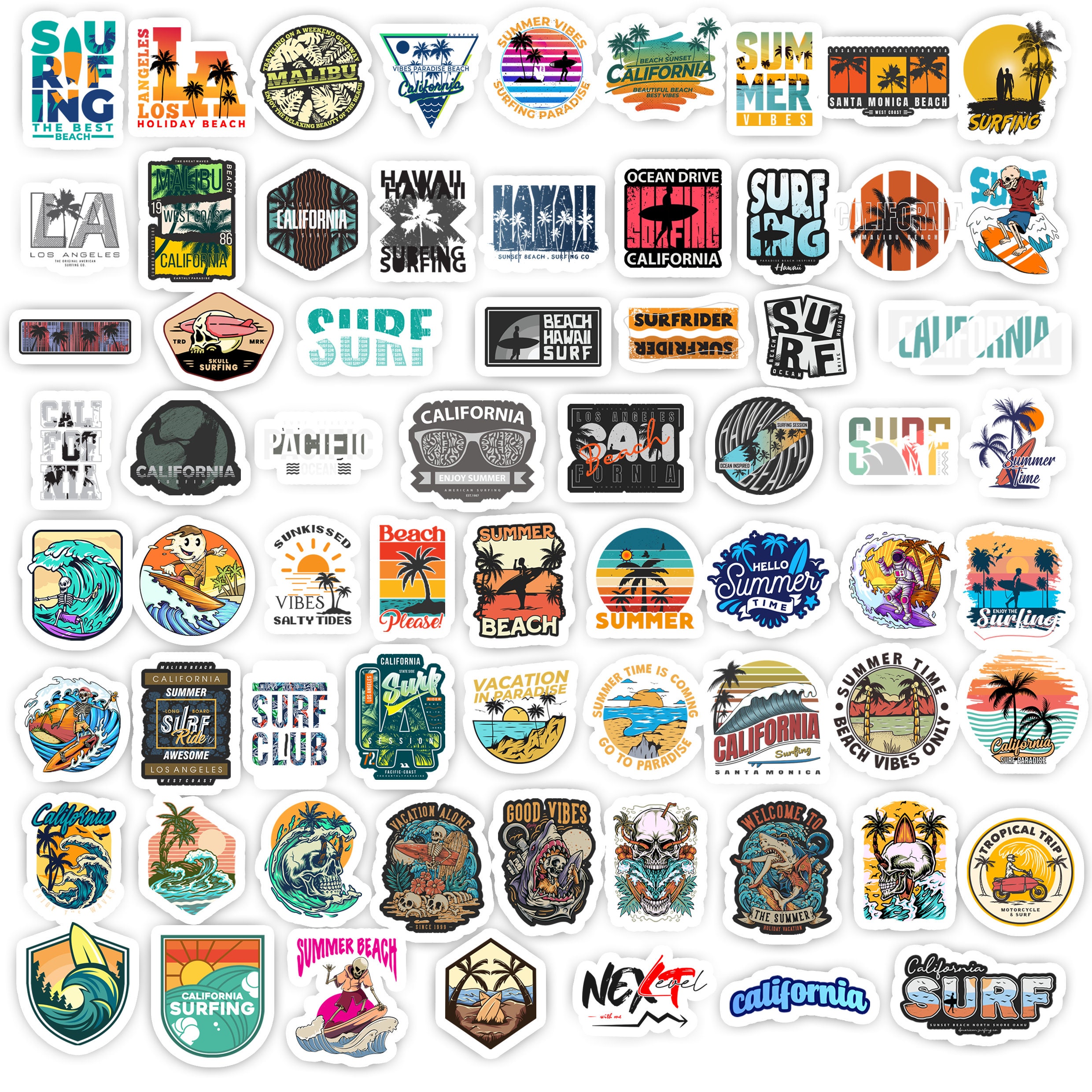75pc Surf Stickers Surfer Vinyls Cute Beach Decals Sticker Bomb Hippy ...