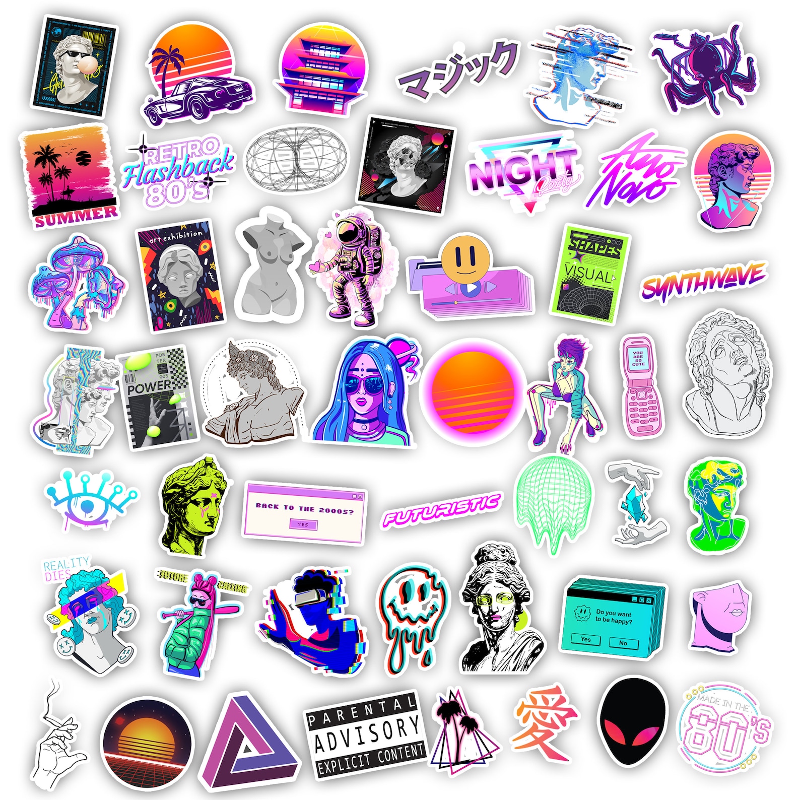 50pc Vaporwave Stickers Kids Vinyls Cute Edgy Decals Sticker Bomb Synth ...