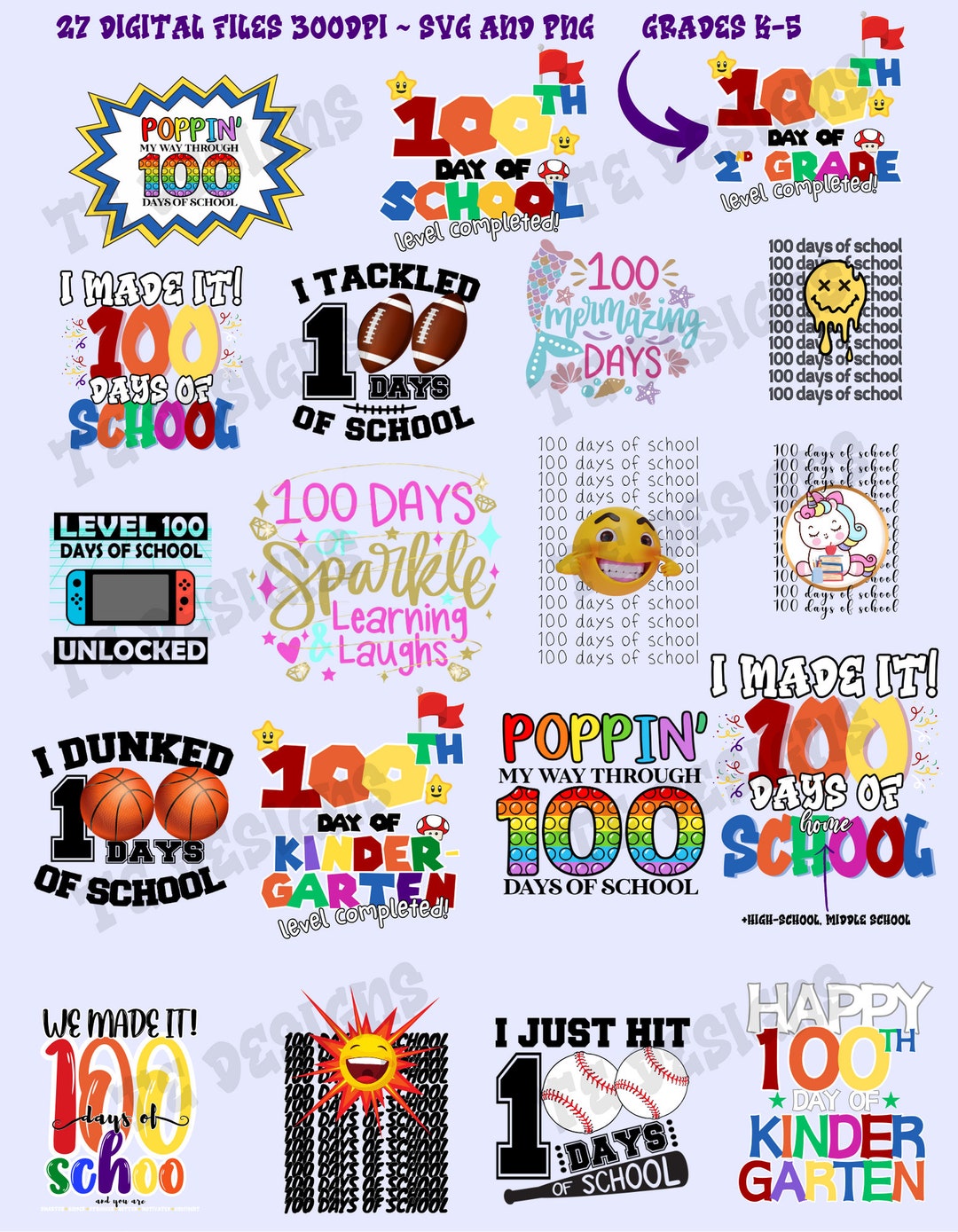 100 Days of School Digital File Set PNG and SVG 27 File Bundle 300DPI ...