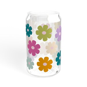 Colorful Floral Iced Coffee Glass Cup Spring Floral Glass Can Bamboo ...