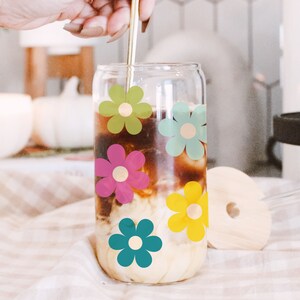Colorful Floral Iced Coffee Glass Cup Spring Floral Glass Can Bamboo ...