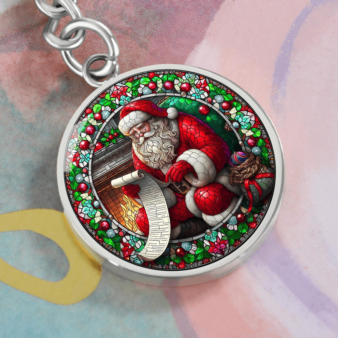 Santa Keychain Stained Glass Custom Keychain Santa Claus List Stocking ...