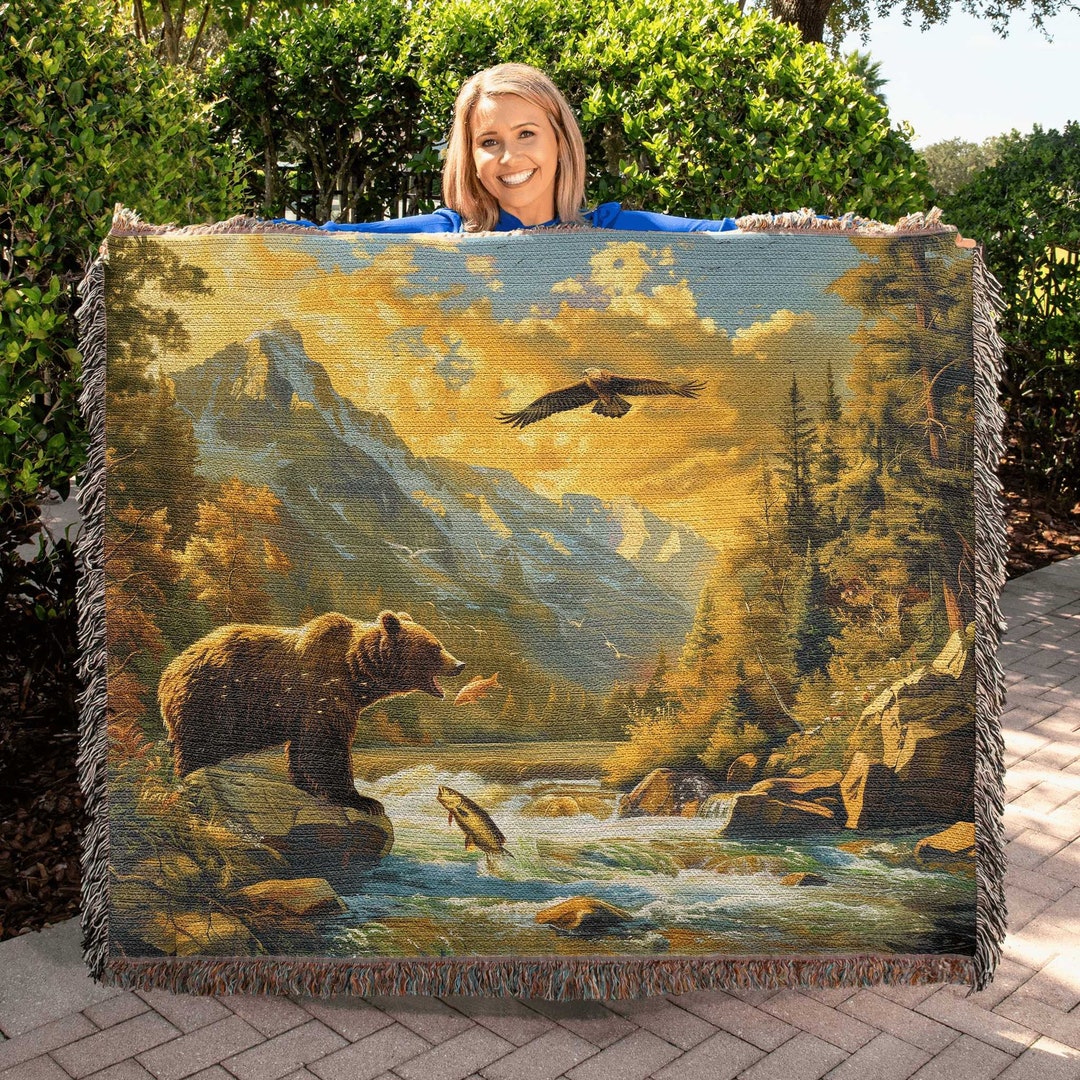 Fishing Bear Heirloom Woven Blanket Brown Bear Summer Blanket Forest ...