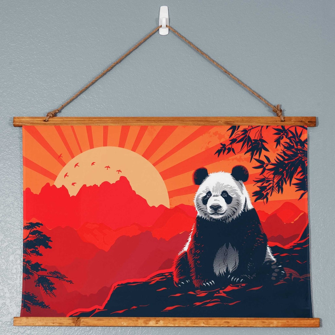 Panda Sunrise Wood Framed Wall Tapestry Giant Panda Rising Sun Chinese ...