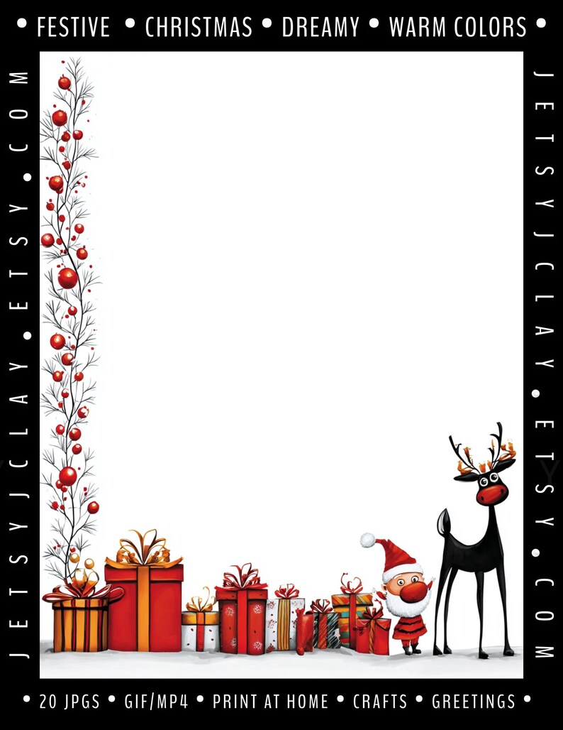Santa Reindeer Digital Paper Borders, Holiday Correspondence (20 Jpgs ...