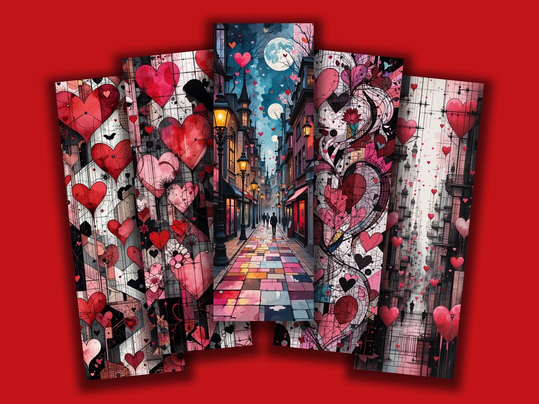 2"x6" Printable Bookmarks | Cubist Watercolor Valentines Bookmarks | 12 ...