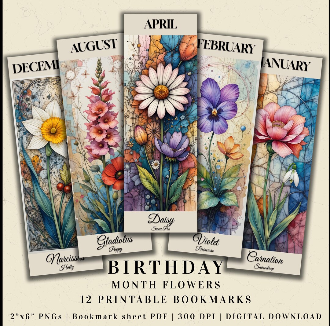 2x6 Printable Bookmarks Cubist Watercolor Birth Month Flowers 12 Pngs 3 ...