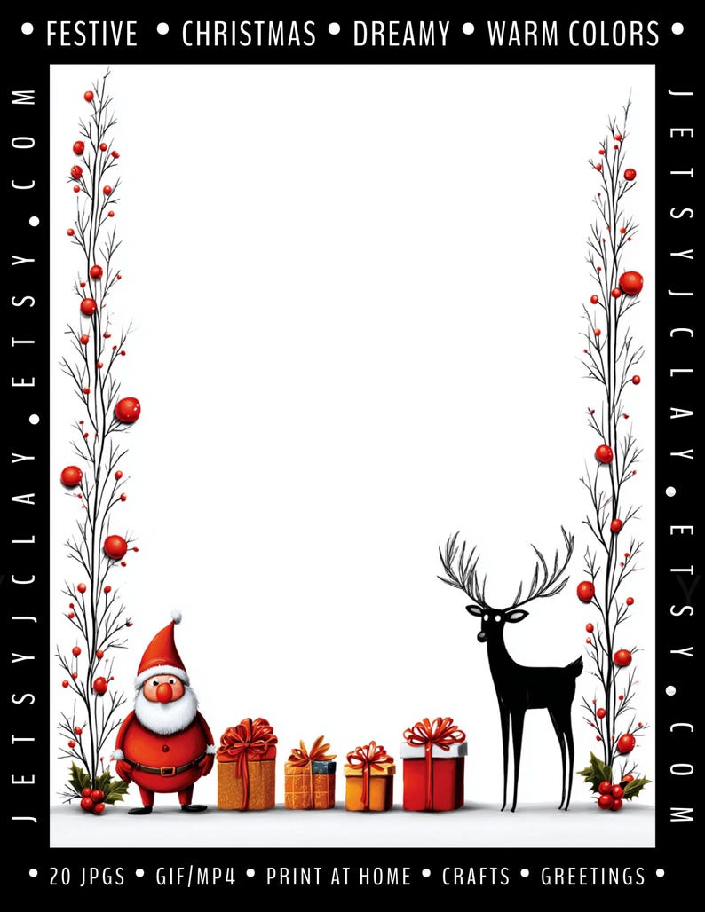 Christmas Holiday Digital Paper Borders, Santa and Reindeer (printable ...