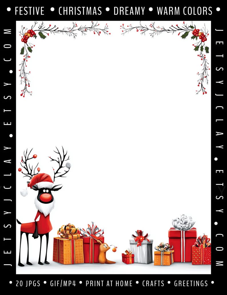Santa Reindeer Digital Paper Borders, Holiday Correspondence (20 Jpgs ...