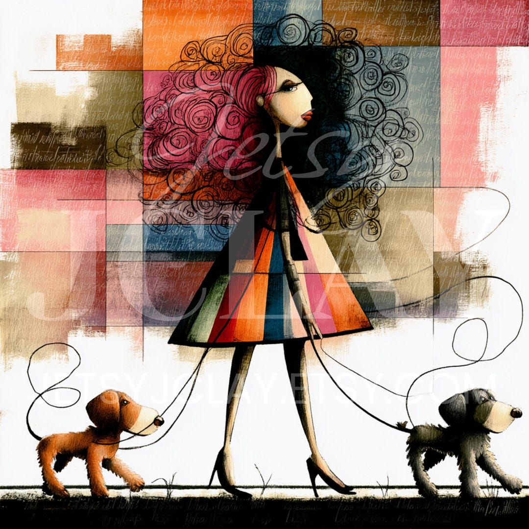 Abstract Woman Walking Dogs Art Print: Cubist Oil Painting (digital ...