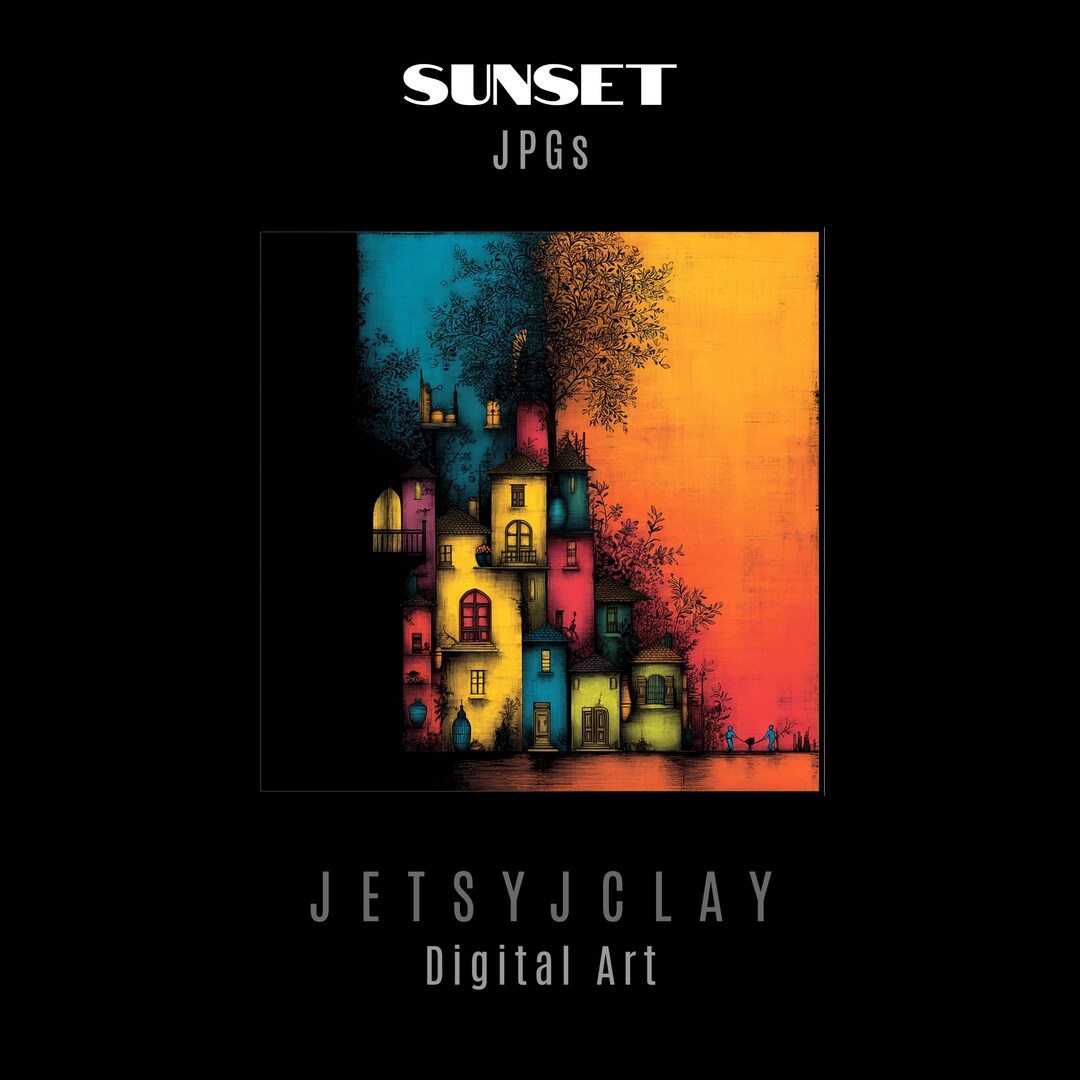 Abstract Village Sunset Art: Cubist Oil Painting (digital Download ...