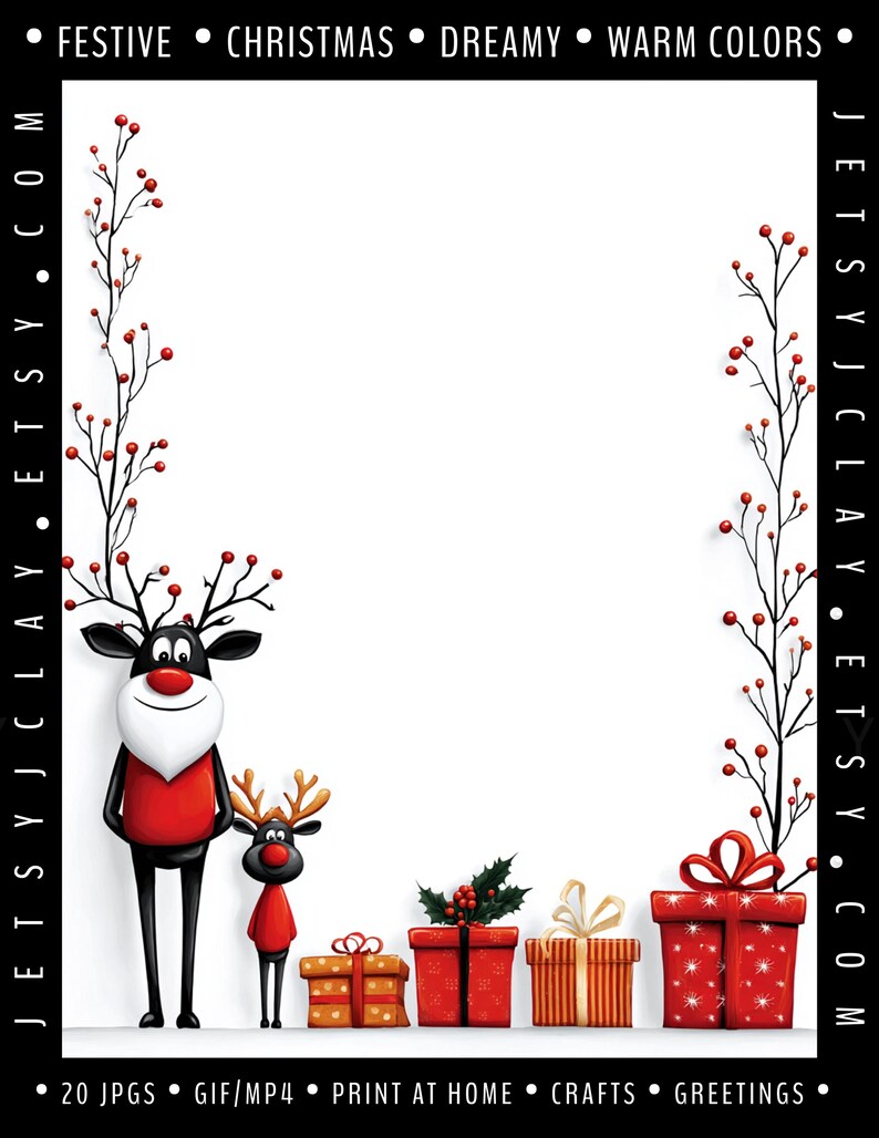 Christmas Holiday Digital Paper Borders, Santa and Reindeer (printable ...