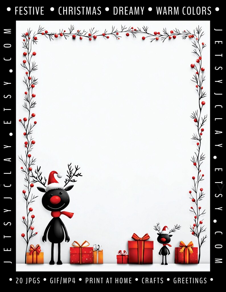 Christmas Holiday Digital Paper Borders, Santa and Reindeer (printable ...