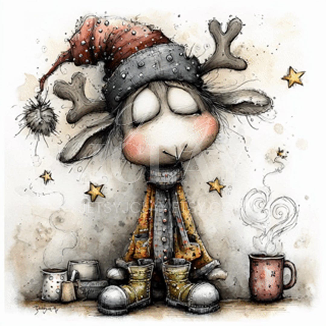 Grumpy Reindeer Clipart Bundle, Pre-coffee Xmas Watercolor Art, Vintage ...