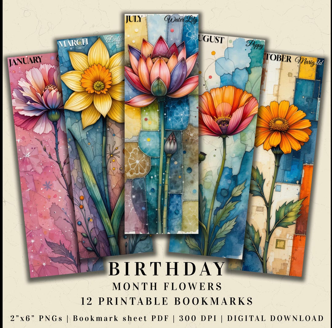 2x6 Printable Bookmarks Cubist Watercolor Birth Month Flowers 12 Pngs 3 ...