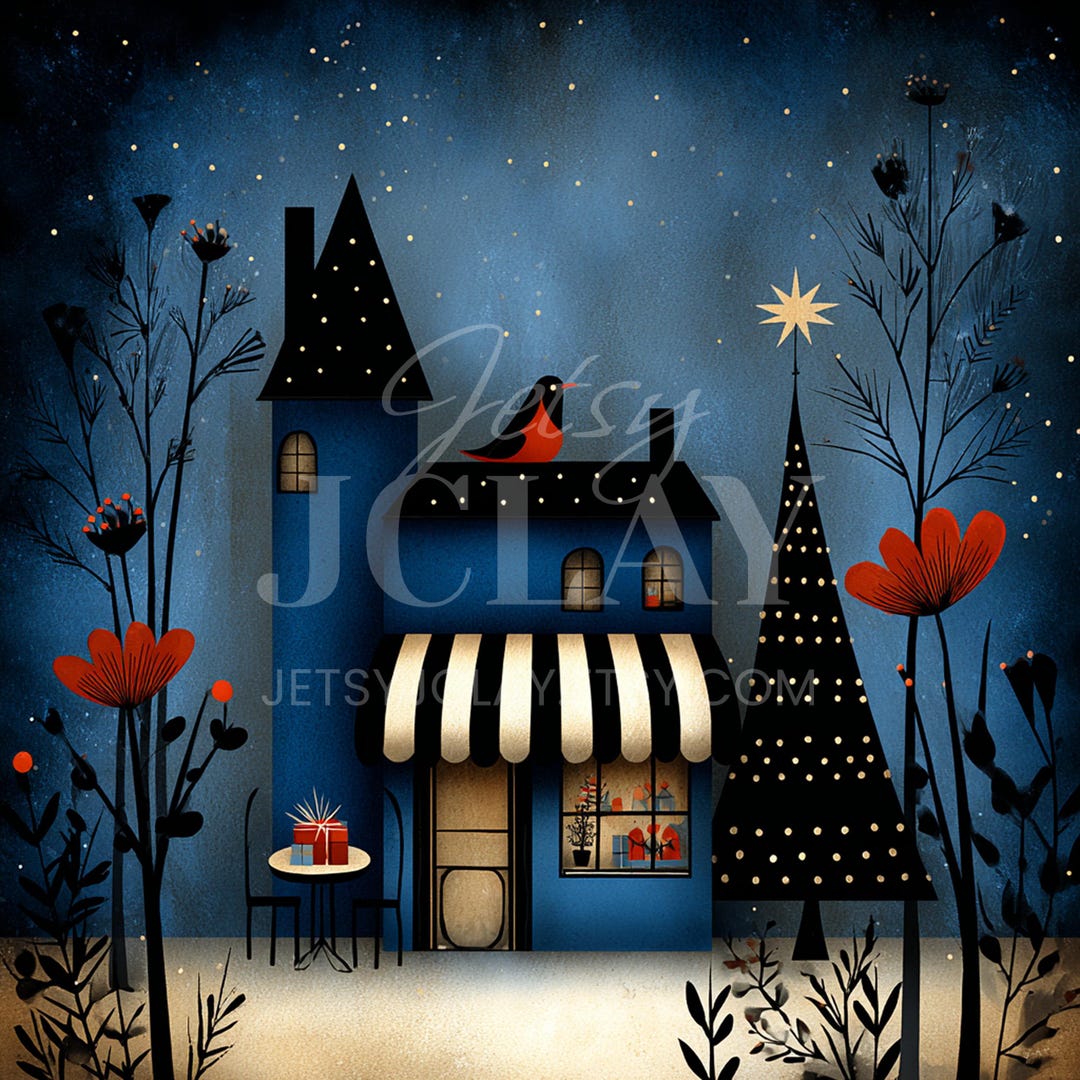 Abstract Christmas Gift Shop Scene, Rich Blue Holiday Digital Art (jpgs ...