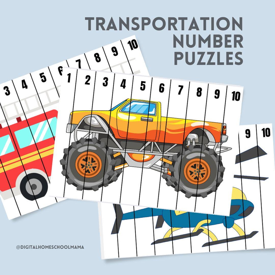 Puzzle Numbers Firetruck Monster Truck Numbers Puzzle Transportation ...