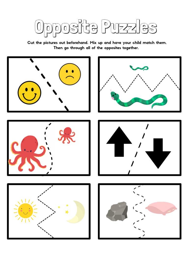 Opposites Pre K Printable Puzzle Preschool Opposite Activity Puzzle Pre ...