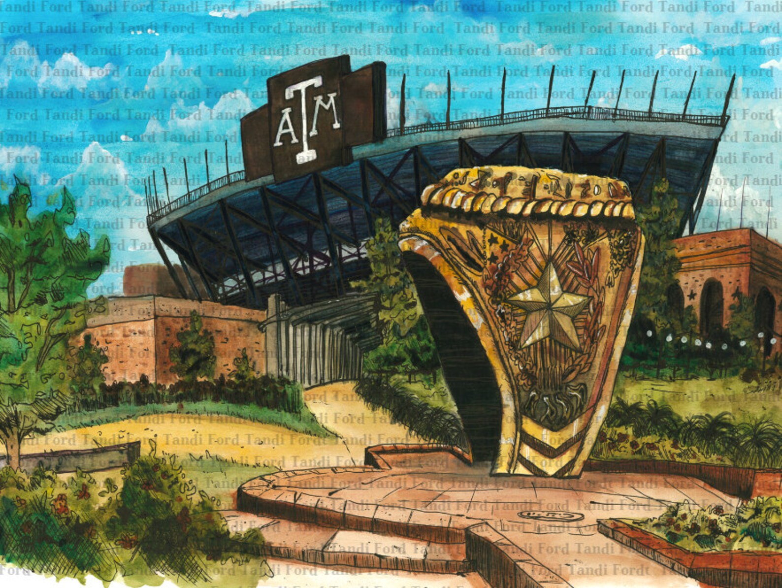 A&M Ring Statue and Kyle Field Watercolor Wall Decor Print - Etsy