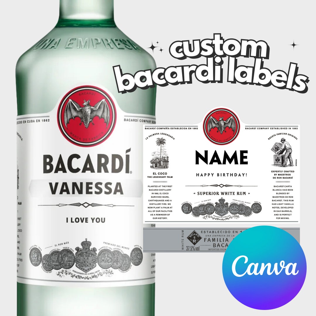 Personalized Printable Bacardi Rum Bottle Label Canva Template Own Name ...