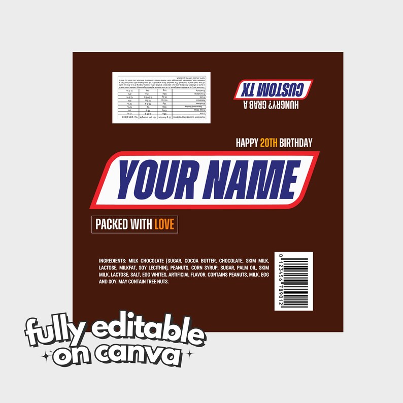Custom Personalized Printable Snickers Bar Box Label Canva Template ...