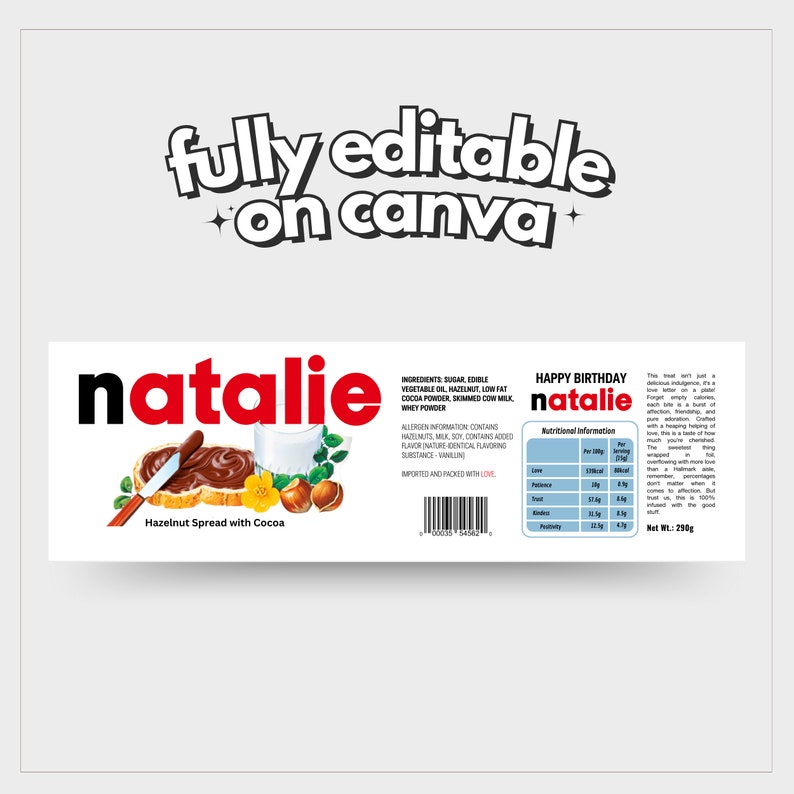 Custom Personalized Nutella Labels Hazelnut Spread Label Fully ...