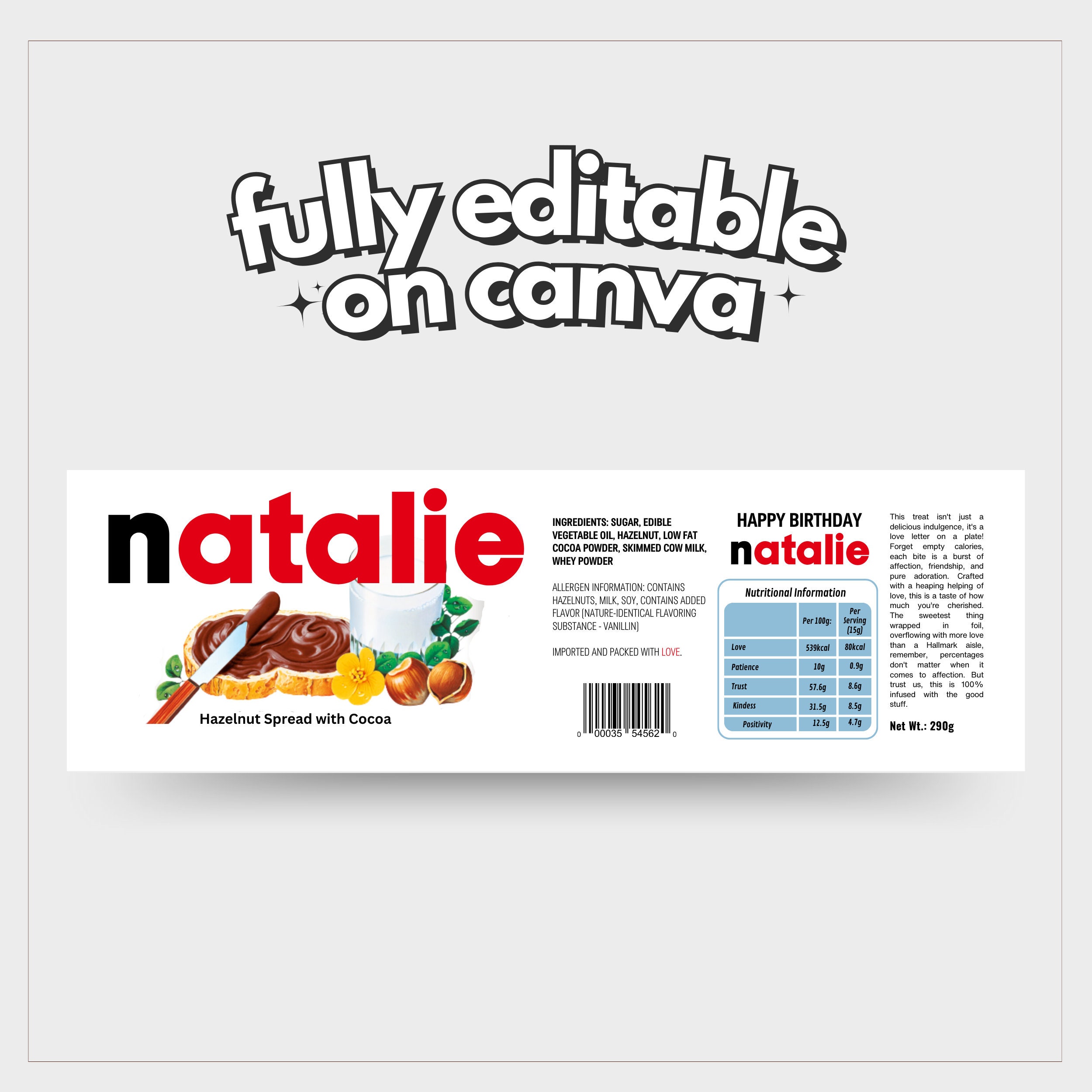 Custom Personalized Nutella Labels Hazelnut Spread Label Fully ...