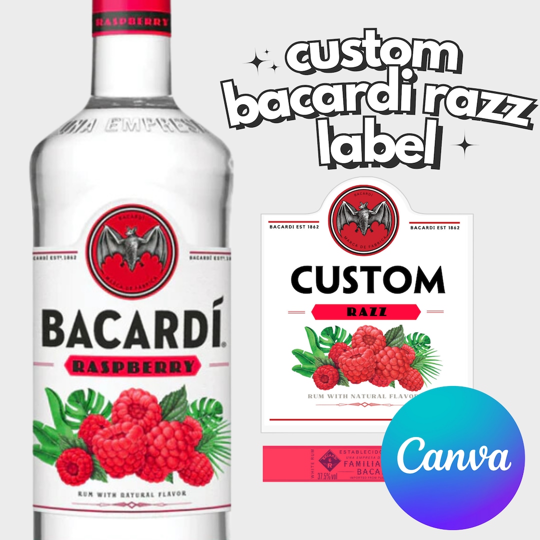 Personalized Printable Bacardi Raspberry Razz Rum Bottle Label Canva Template Own Name DIGITAL ...