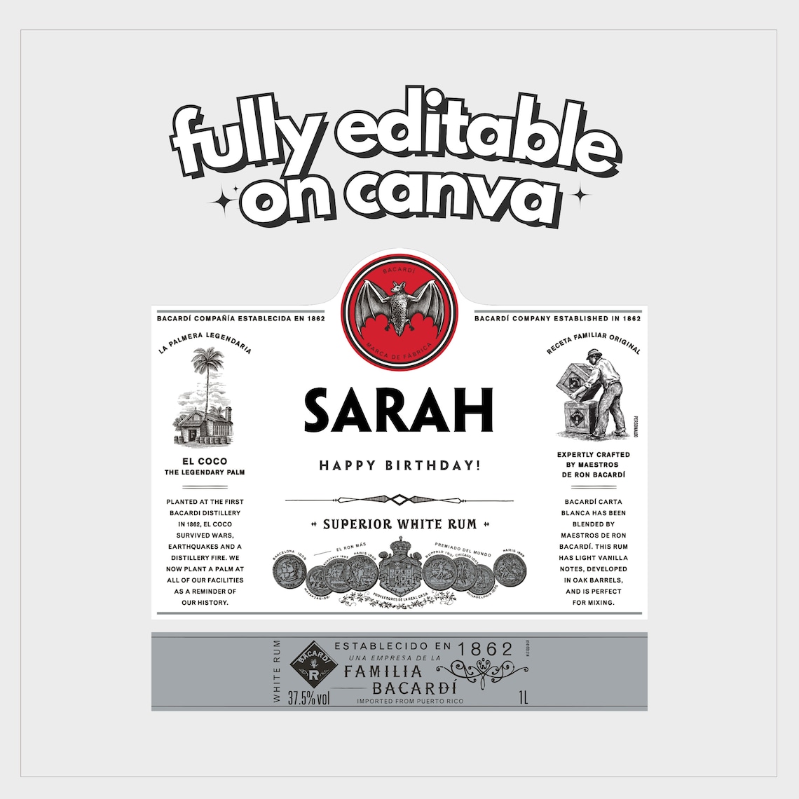 Personalized Printable Bacardi Rum Bottle Label Canva Template Own Name ...
