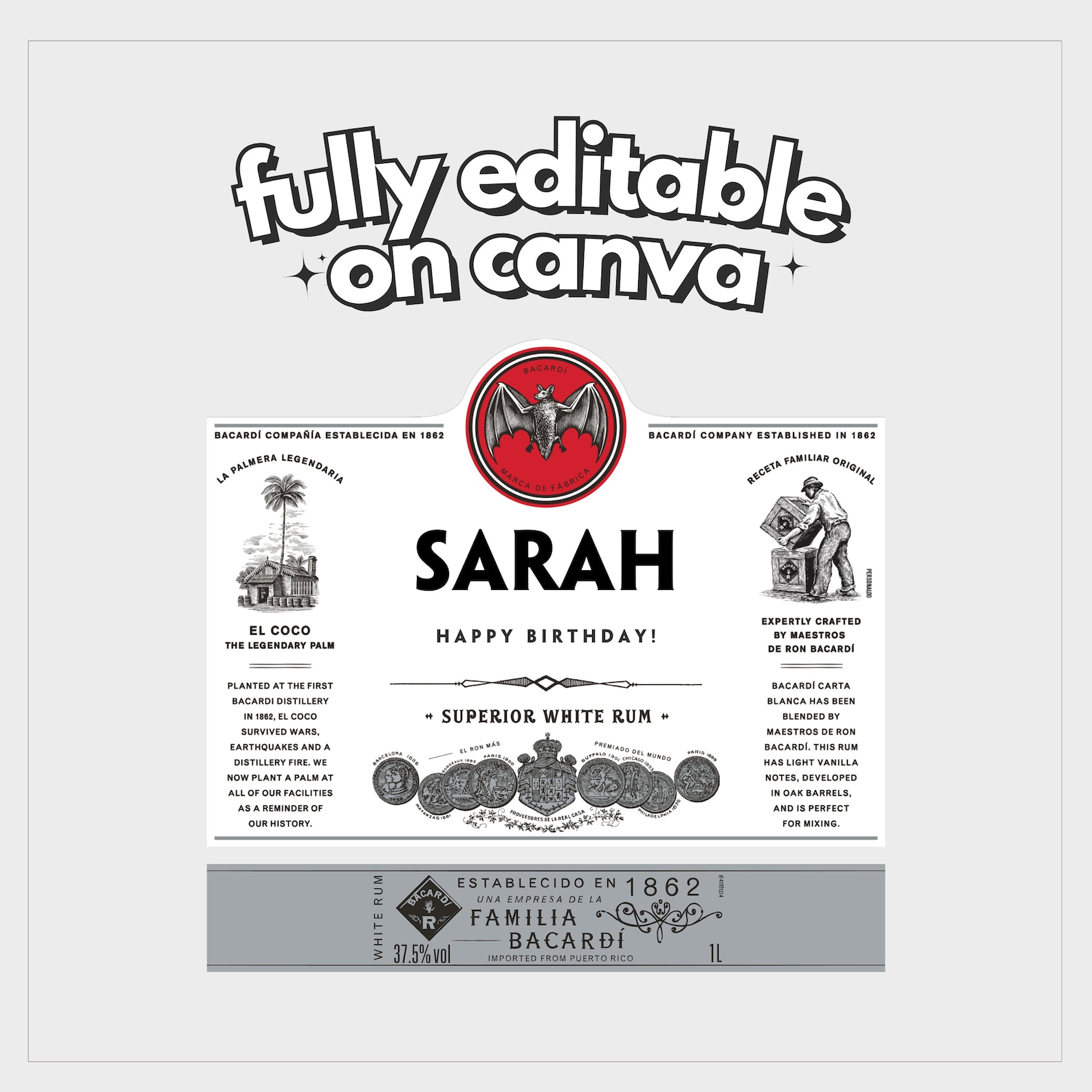 Personalized Printable Bacardi Rum Bottle Label Canva Template Own Name ...