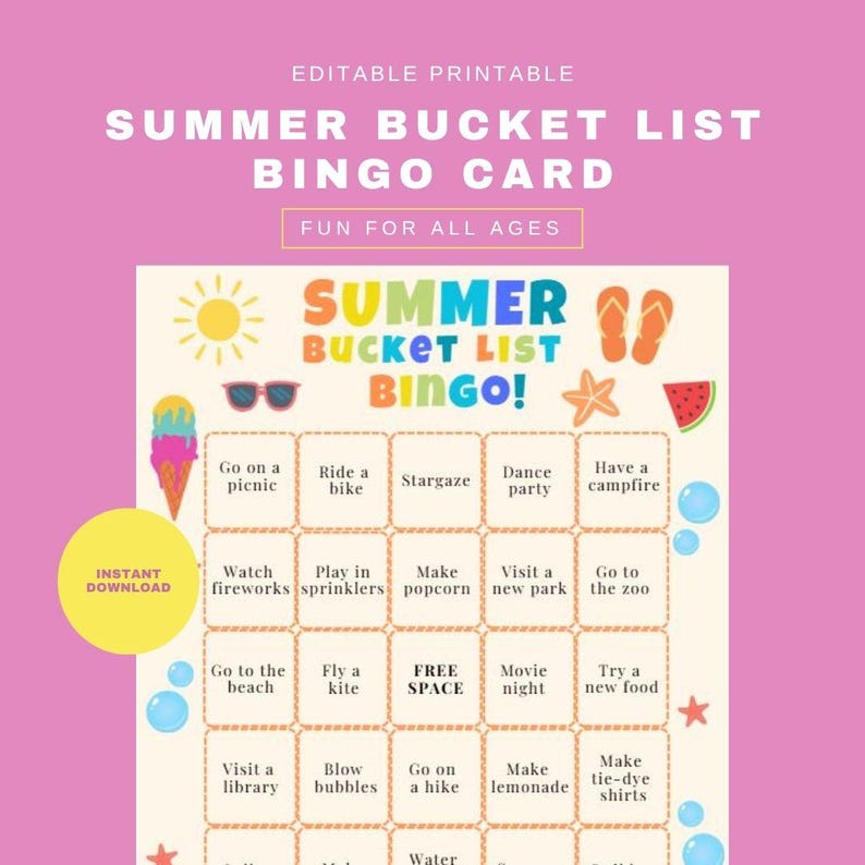 Summer Bucket List Bingo Card for Kids – Printable Family Activity ...