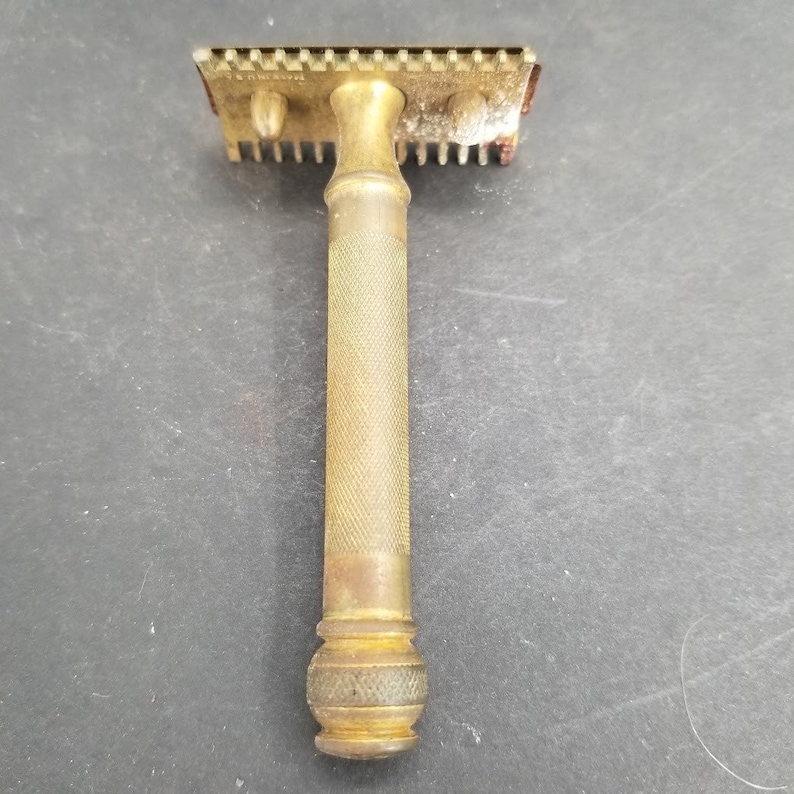 Gillette Vintage Double Blade Shaver Razor Brass TONSORIAL USA Dome Top ...