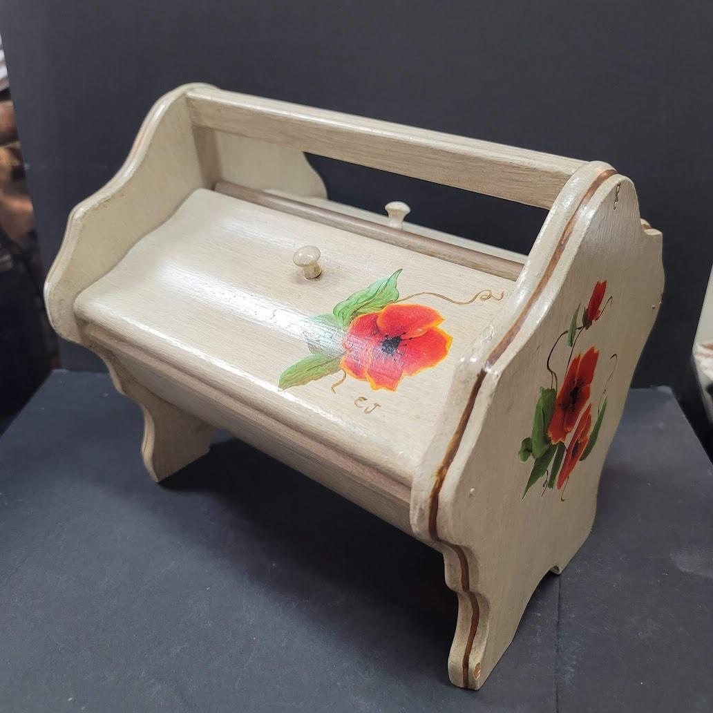 Vintage Portable Hand Painted Sewing Box Double Sided Wood Red Poppies ...