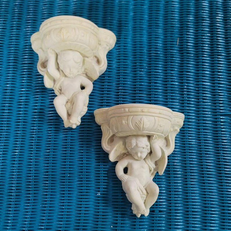 Pair Vintage Plaster Chalkware Cherub Angel Wall Pockets Vases Wall ...