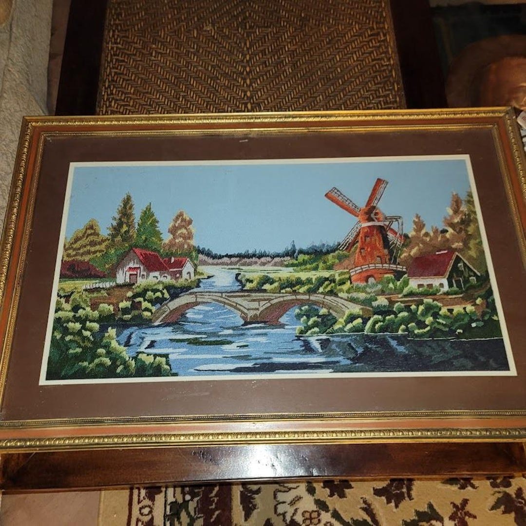 Bunka Embroidery Windmill Cottage Landscape Needlework Completed Framed ...